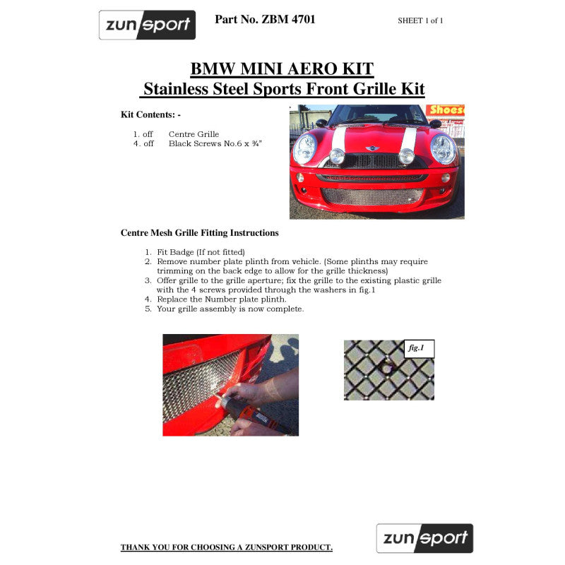 Mini Cooper R50 Jcw & R53 Jcw - Centre Grille - Zunsport – VUDU Performance